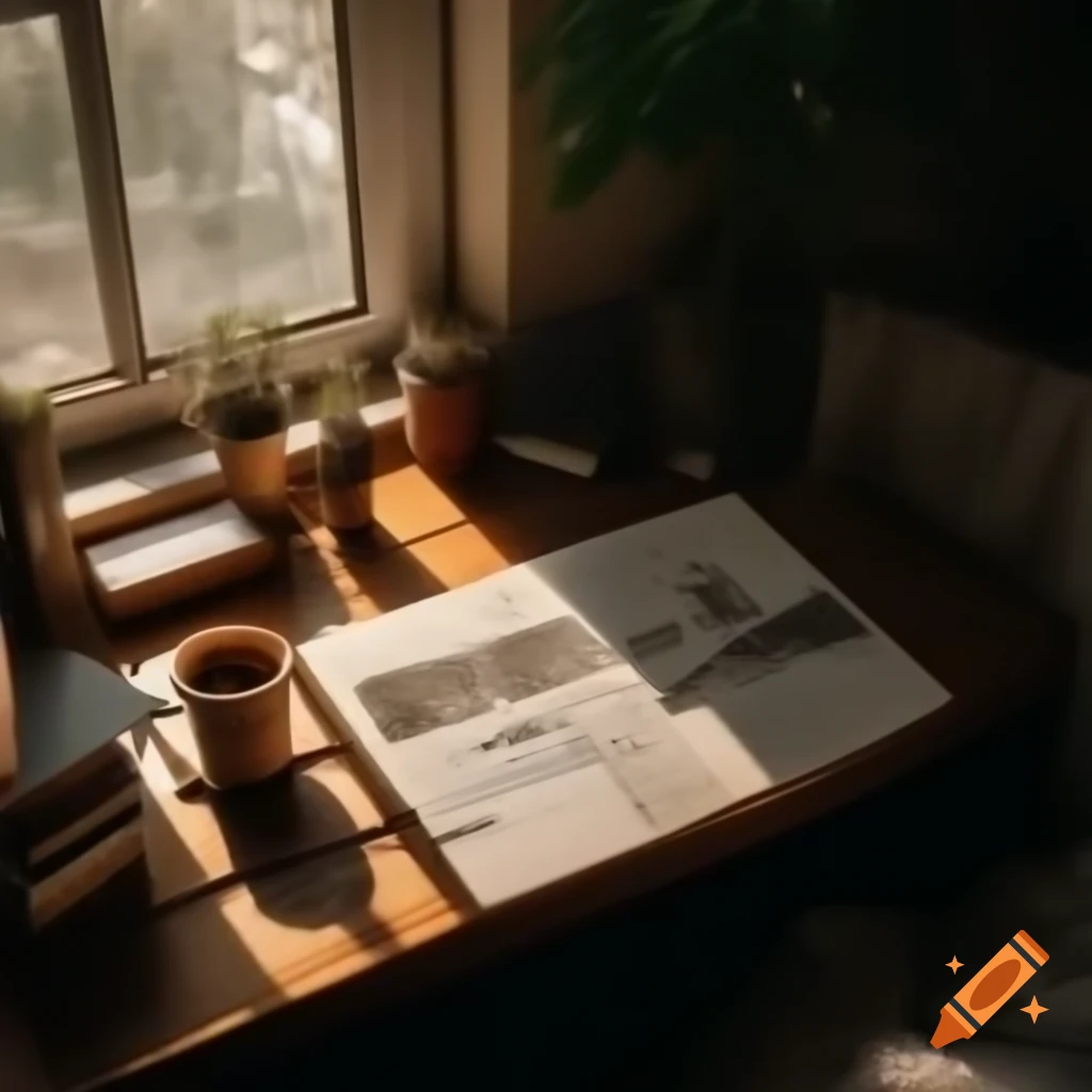 Cozy workspace with wooden desk, open journal, and cup of tea on Craiyon