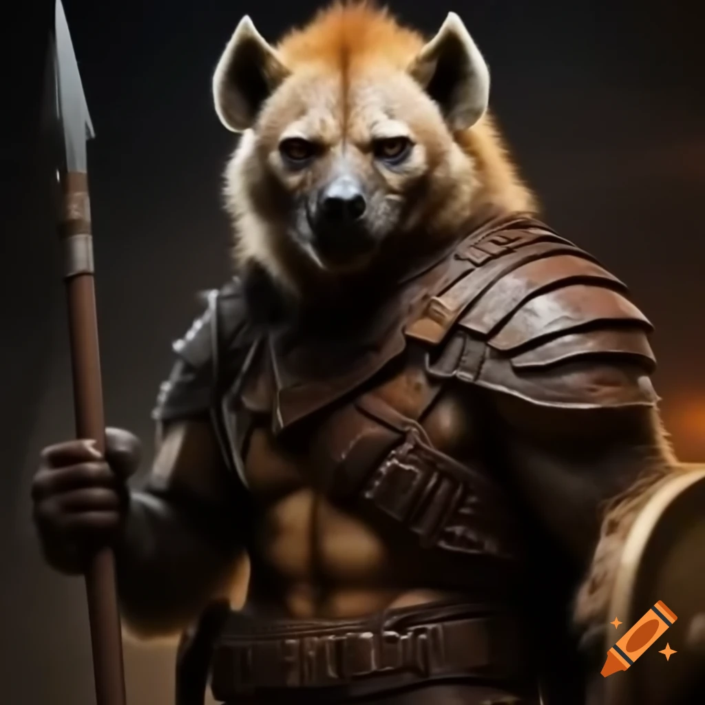 Muscular hyena in leather armor holding spear and shield on Craiyon