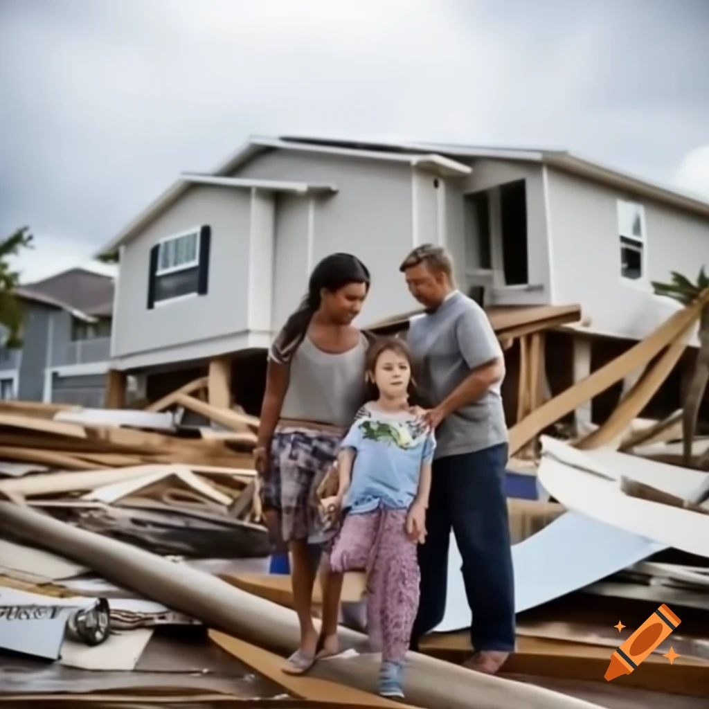 Unhappy family members in damaged home after hurricane in Florida on ...