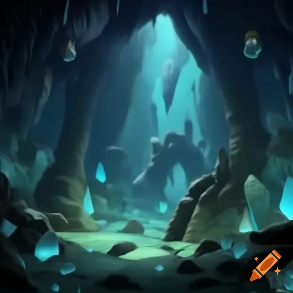 Vast underground cavern with glowing crystals and strange creatures on ...