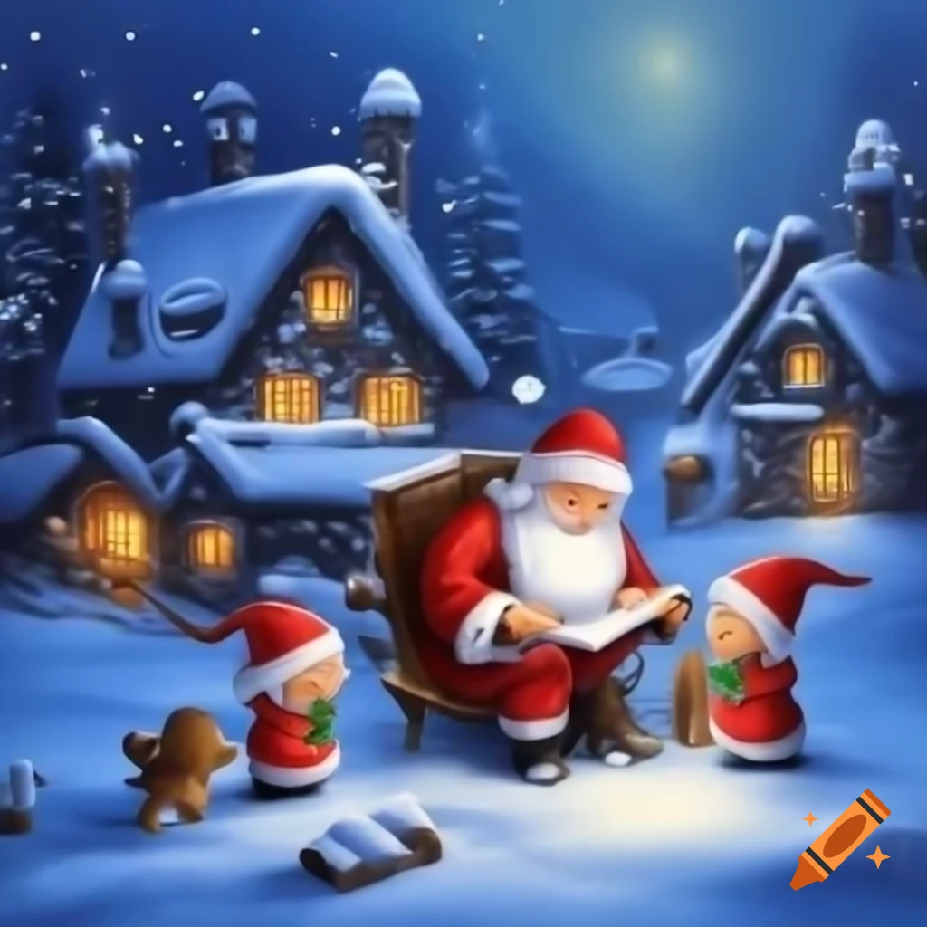 Santa Claus writing Warner Family in snow in a festive village on Craiyon