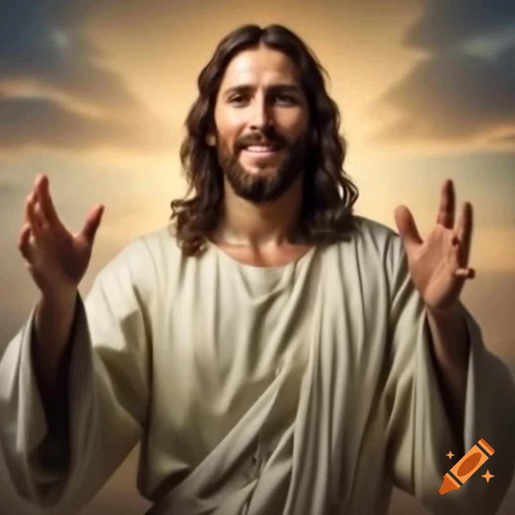 Realistic portrayal of Jesus Christ smiling and extending hand on Craiyon