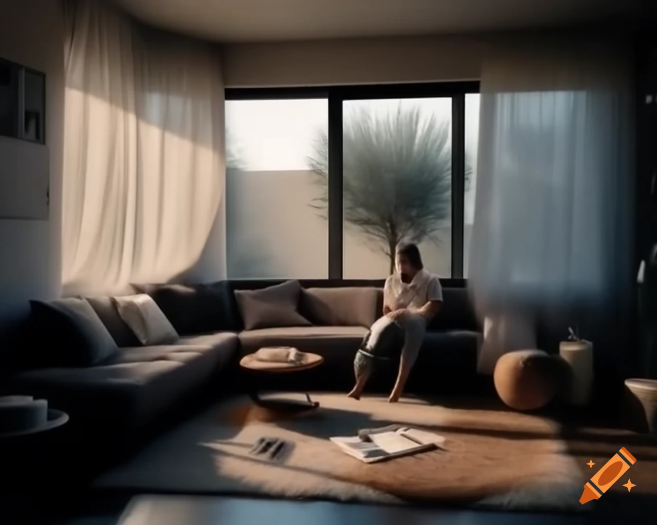 Cozy modern living room with a person reading on a plush sofa in dim ...