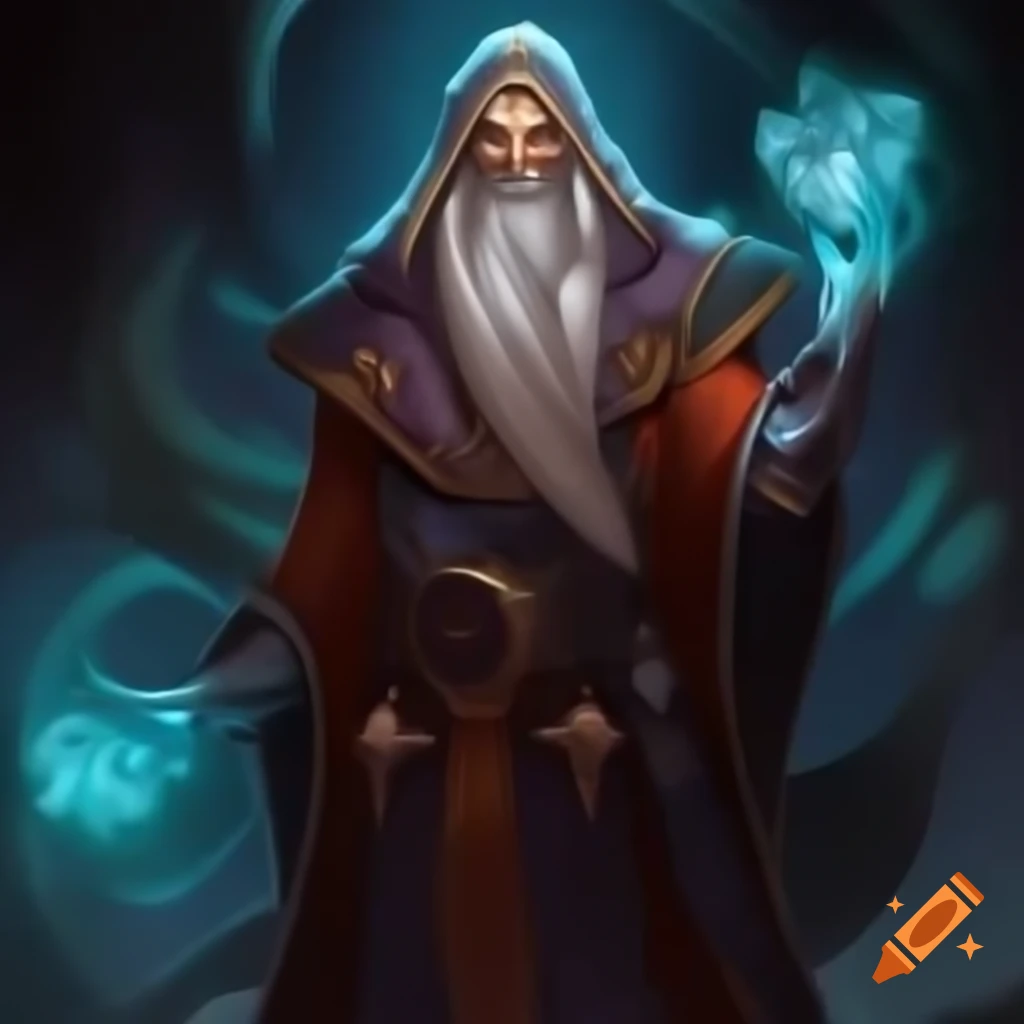 Zaravan, a powerful wizard in flowing robes with mystical symbols on ...
