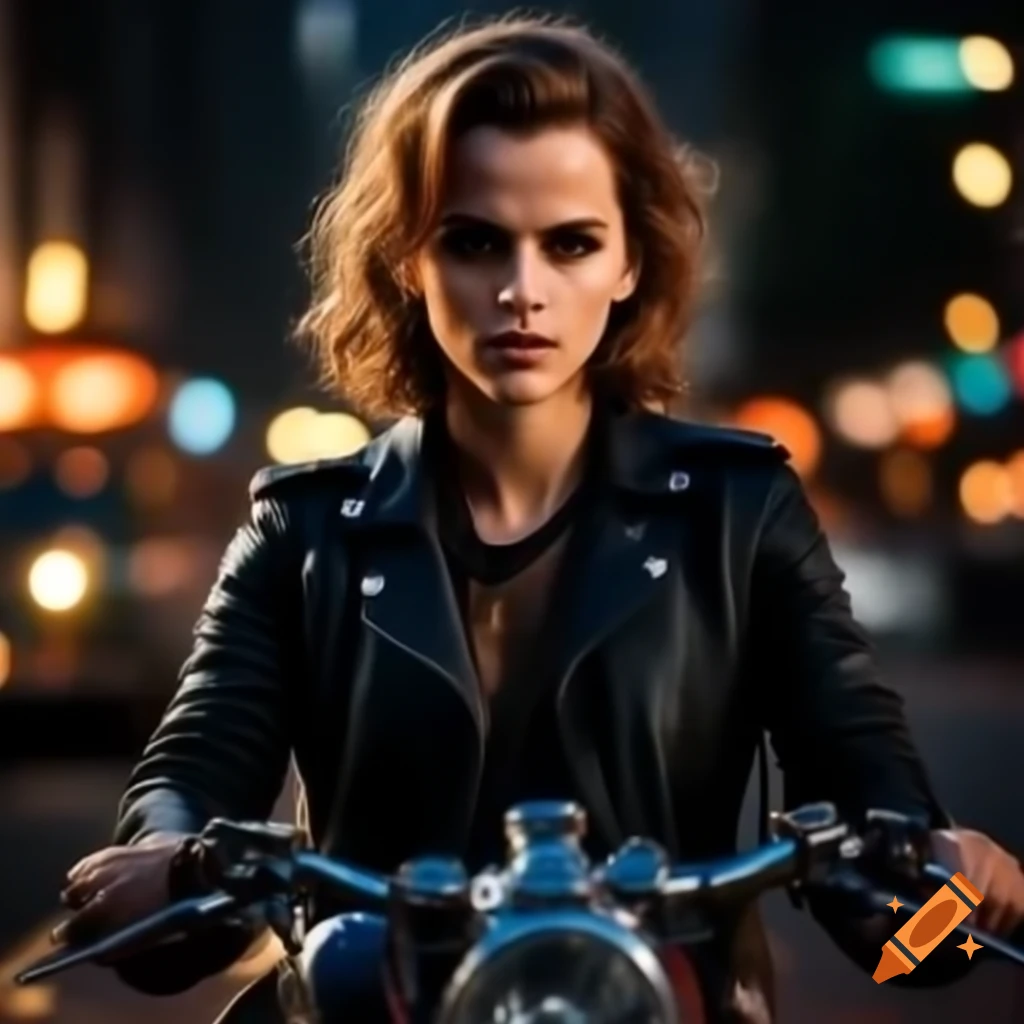 Ultra HD portrait of punk biker in leather jacket and high-waist ...