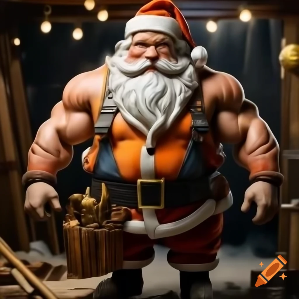 Hyperrealistic muscular Santa Claus in construction worker attire with ...