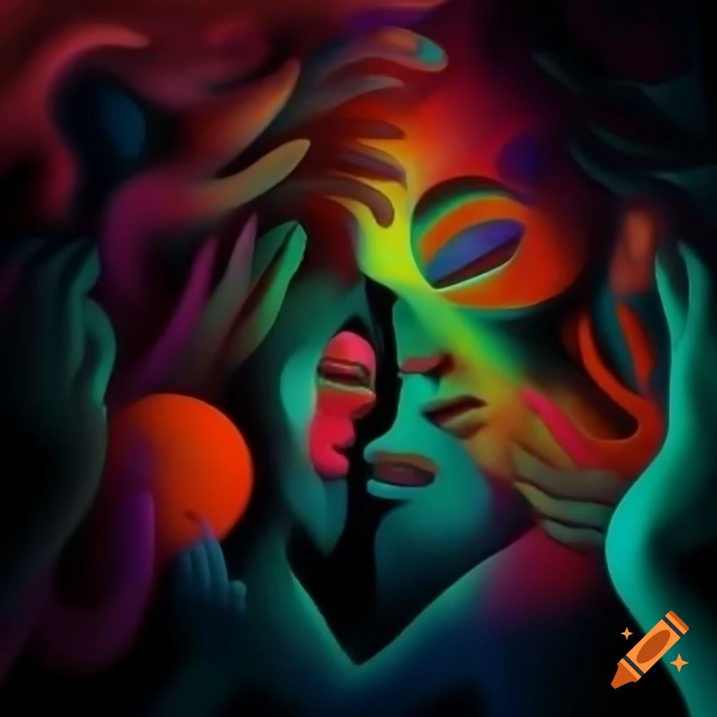 Surrealistic psychedelic design representing energetic techniques for couples in lovemaking on ...