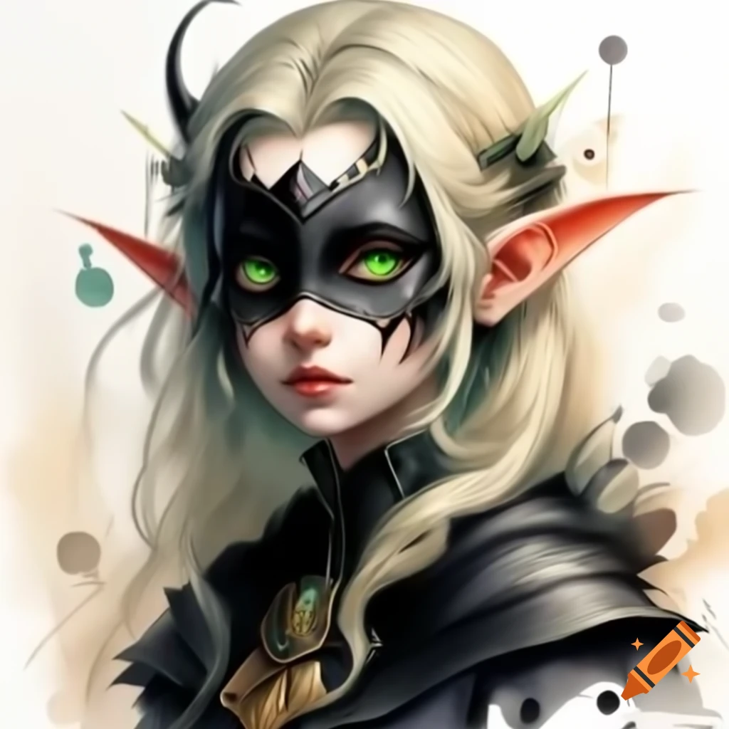 Anime elf noblewoman in black masquerade mask with green eyes and long ...
