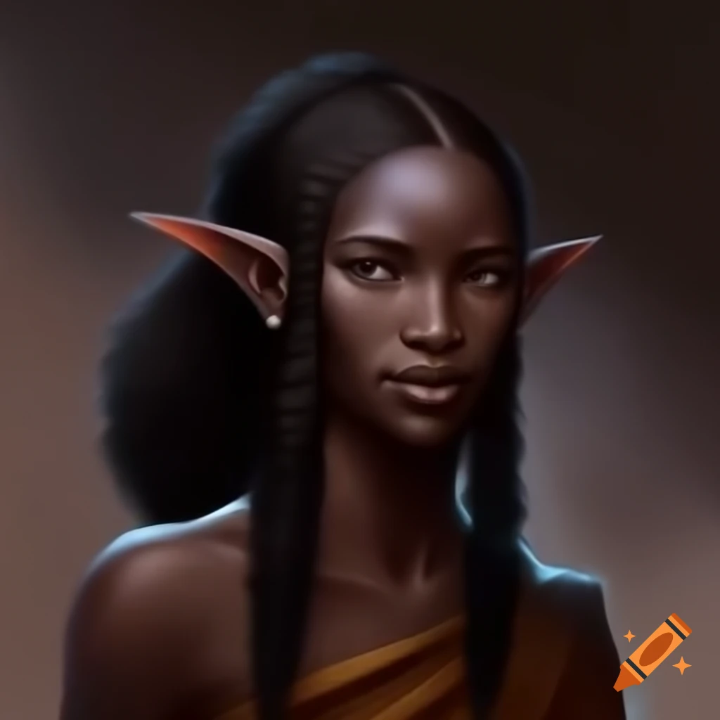 Elegant female african american elven monk in flowing dark robes with ...