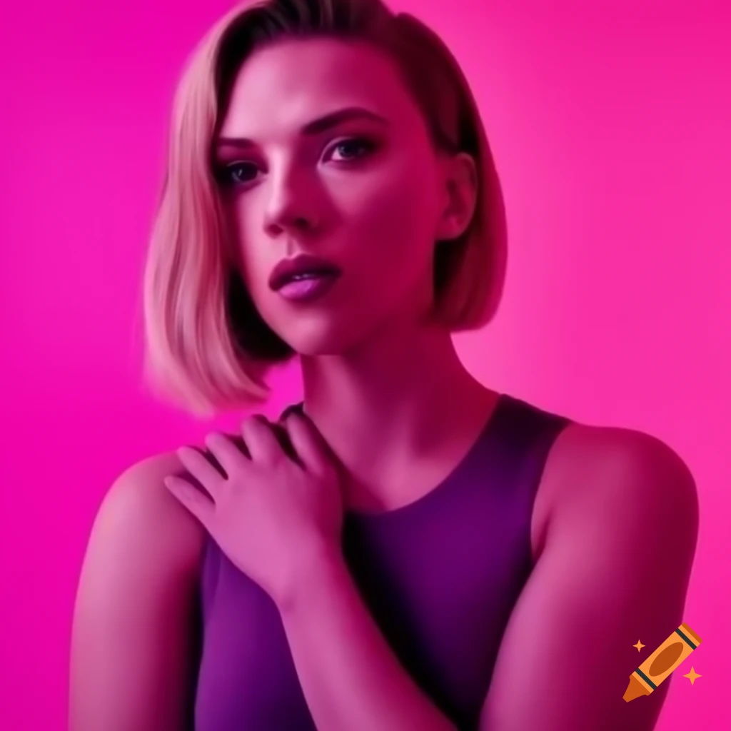 Scarlett Johansson with sleek bob in purple tank top against pink backdrop on Craiyon