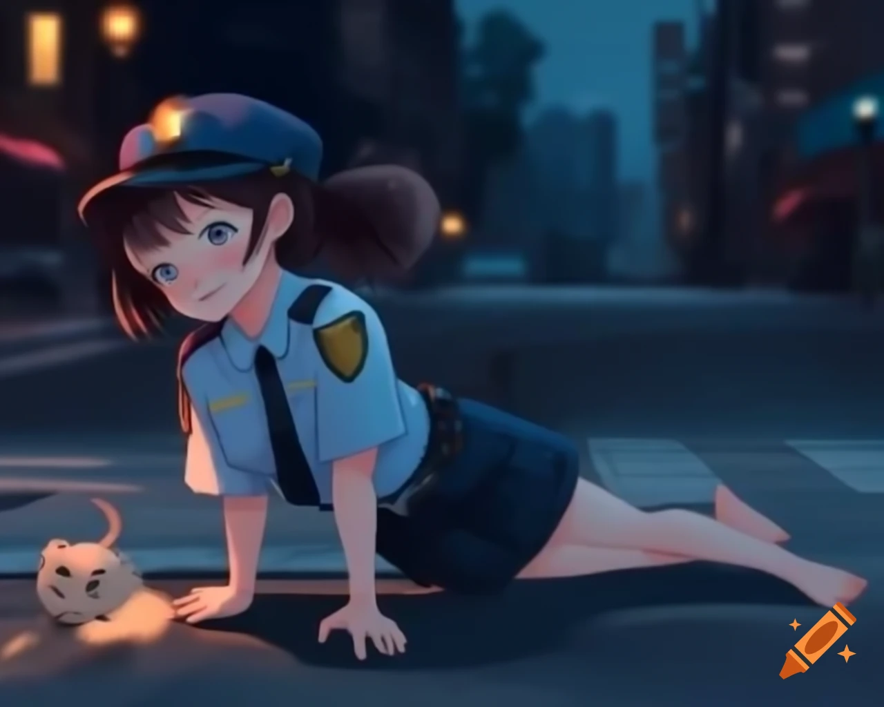 Anime police girl with dog ears and tail crawling in city street at ...