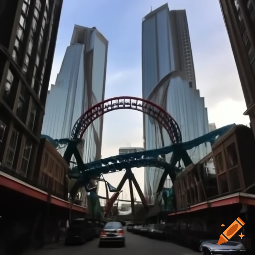 City with skyscrapers and rollercoasters looping around buildings on ...