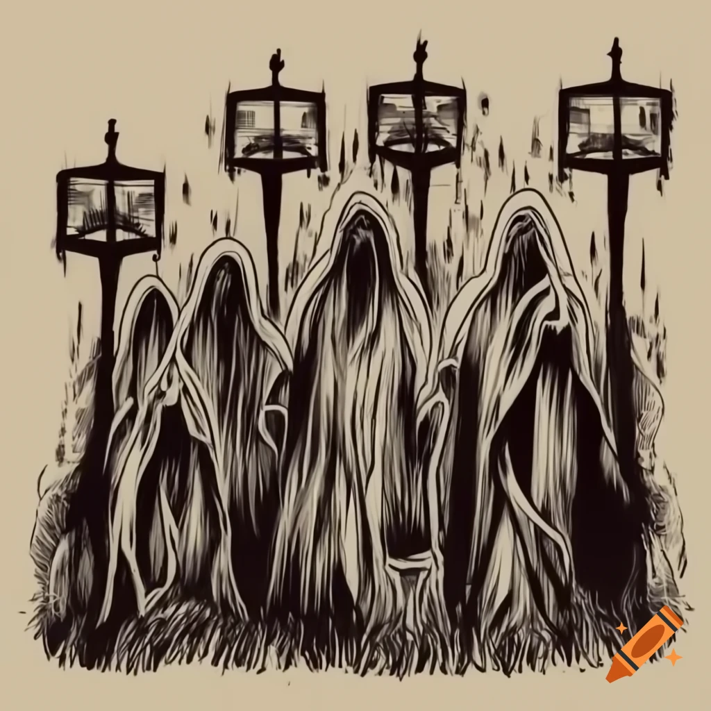 Eerie ink drawing of cultists illuminated by torches at night on Craiyon