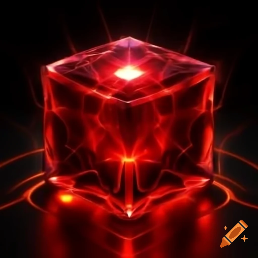 Red energy cube with maroon center and bright aura on Craiyon