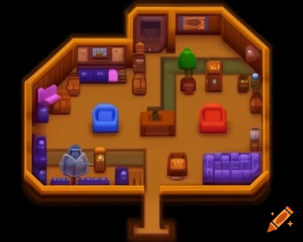 2D map of a rectangular room for a game, featuring table, couch ...