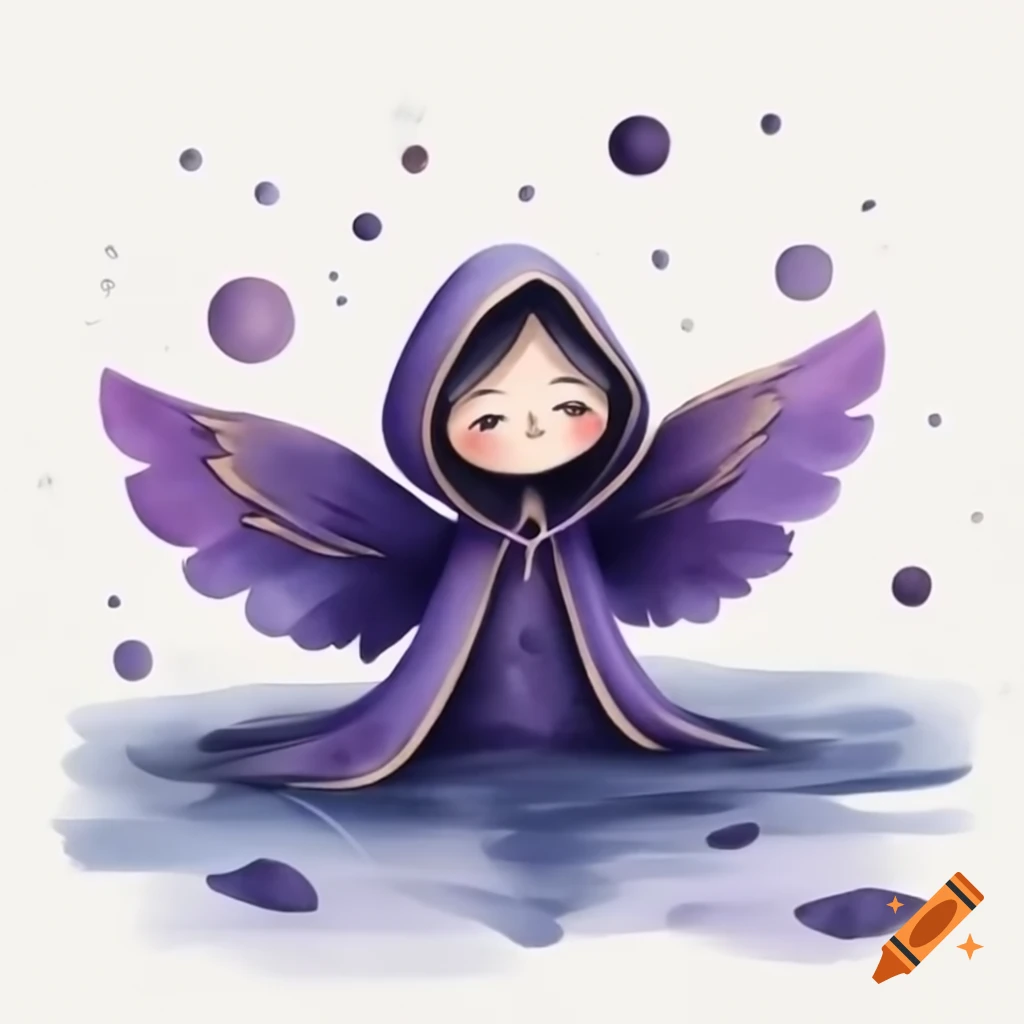 Serene winged female figure floating in the universe with a hood, dark ...