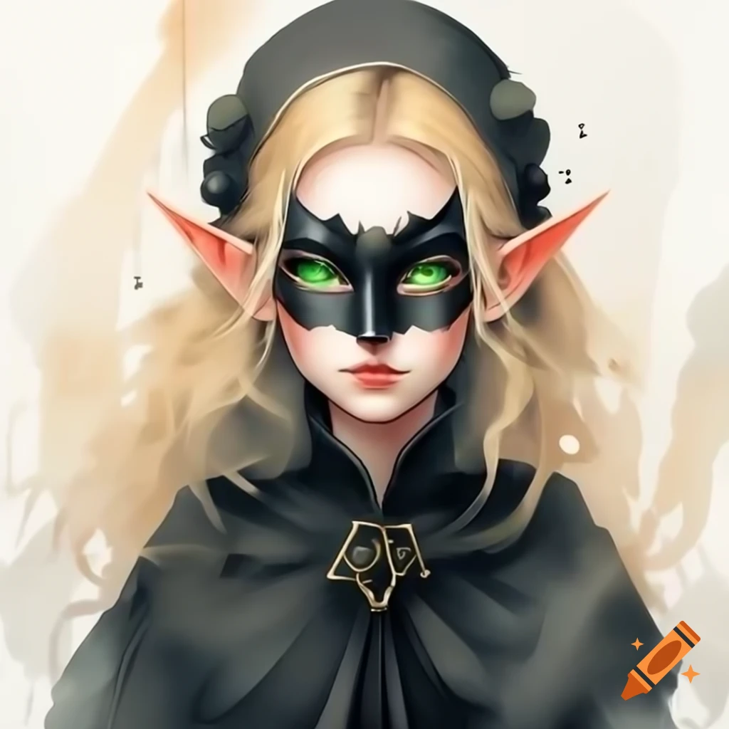 Anime-style portrait of an elegant elf noblewoman in a black masquerade ...
