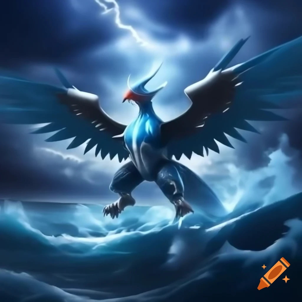 Hyper-realistic depiction of Pokémon Lugia soaring over ocean under ...