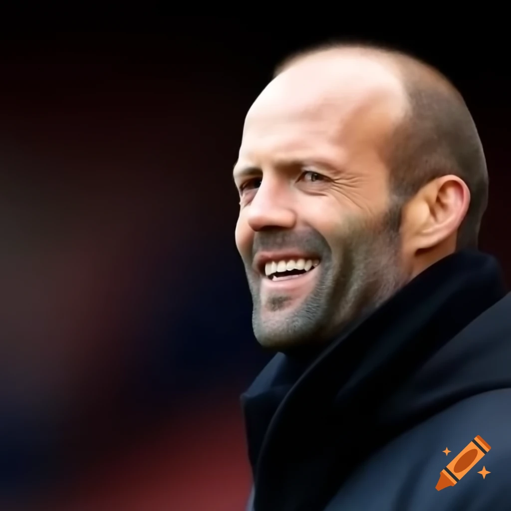 Man resembling Jason Statham smiling in Sheffield, UK on Craiyon