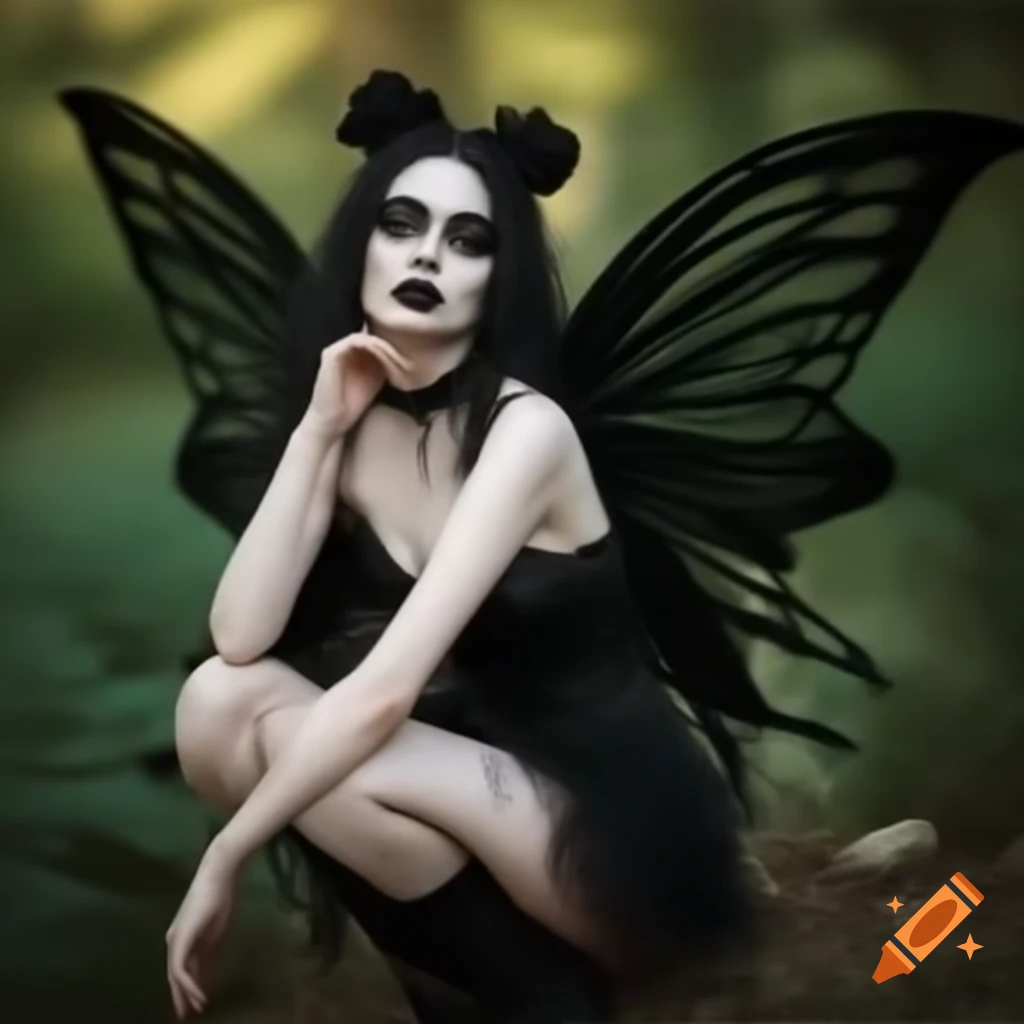 Goth fairy with black wings sitting peacefully in nature on Craiyon