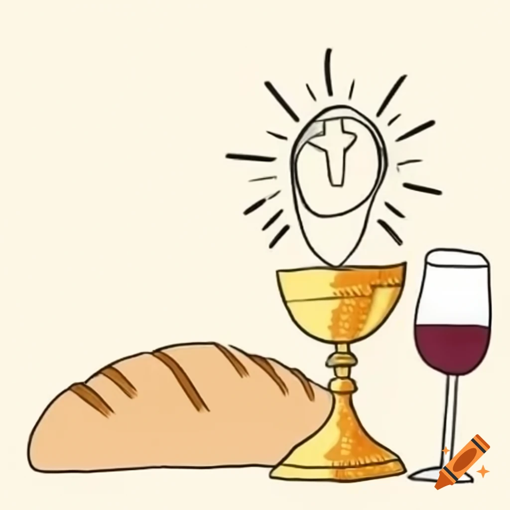 Artistic depiction of the Eucharist with consecrated bread and wine on ...