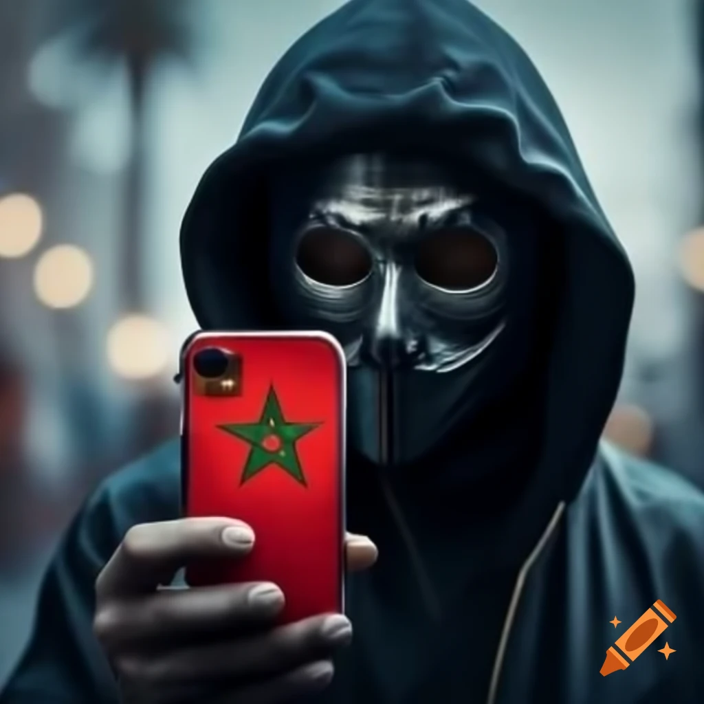 Masked hacker with Moroccan flag and smartphone on Craiyon
