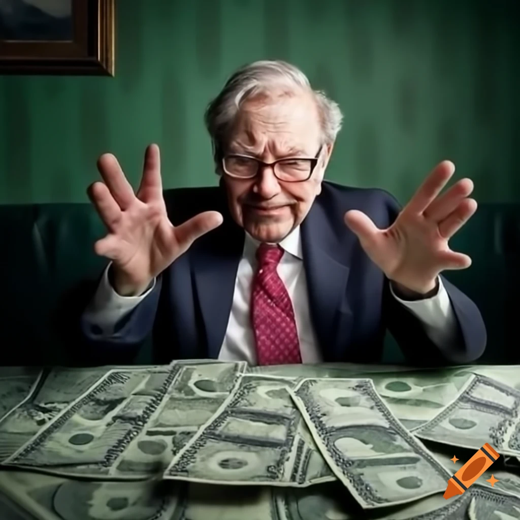 Warren Buffett with curious expression behind table of dollar bills and ...