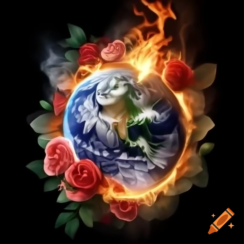 Artistic drawing of mother earth with fire and roses on Craiyon