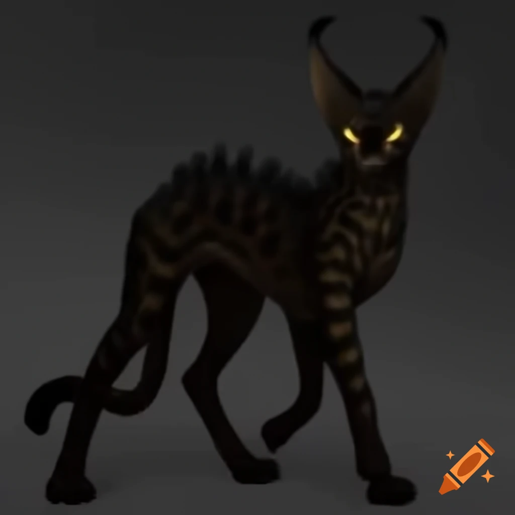Full-body view of an emaciated black serval monster with long ears and ...