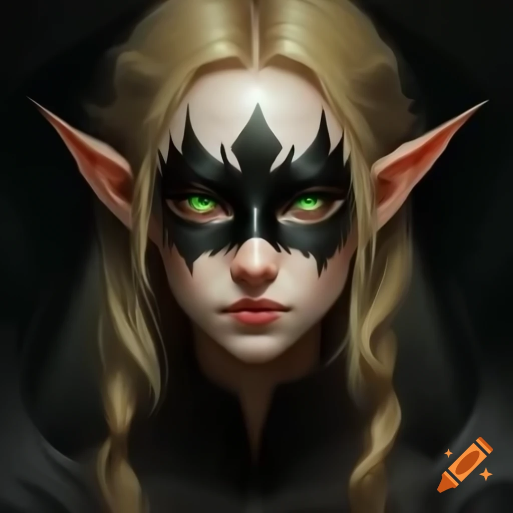 Anime portrait of an elf noblewoman in masquerade mask with green eyes ...
