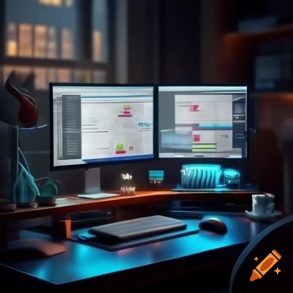 Dual-monitor computer setup with UML diagram and professional workspace on Craiyon