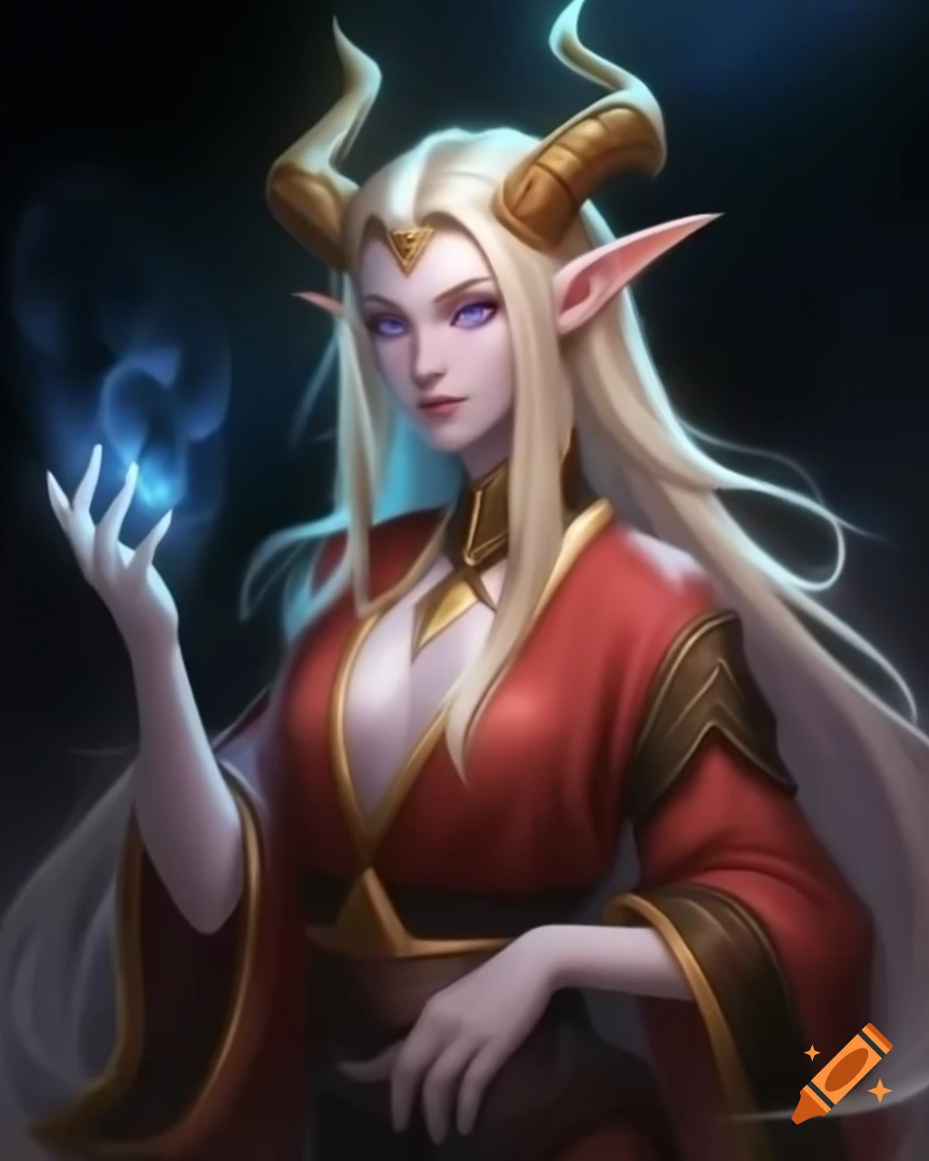 Dragon-kin elf in robes with shimmering features and magical aura on Craiyon