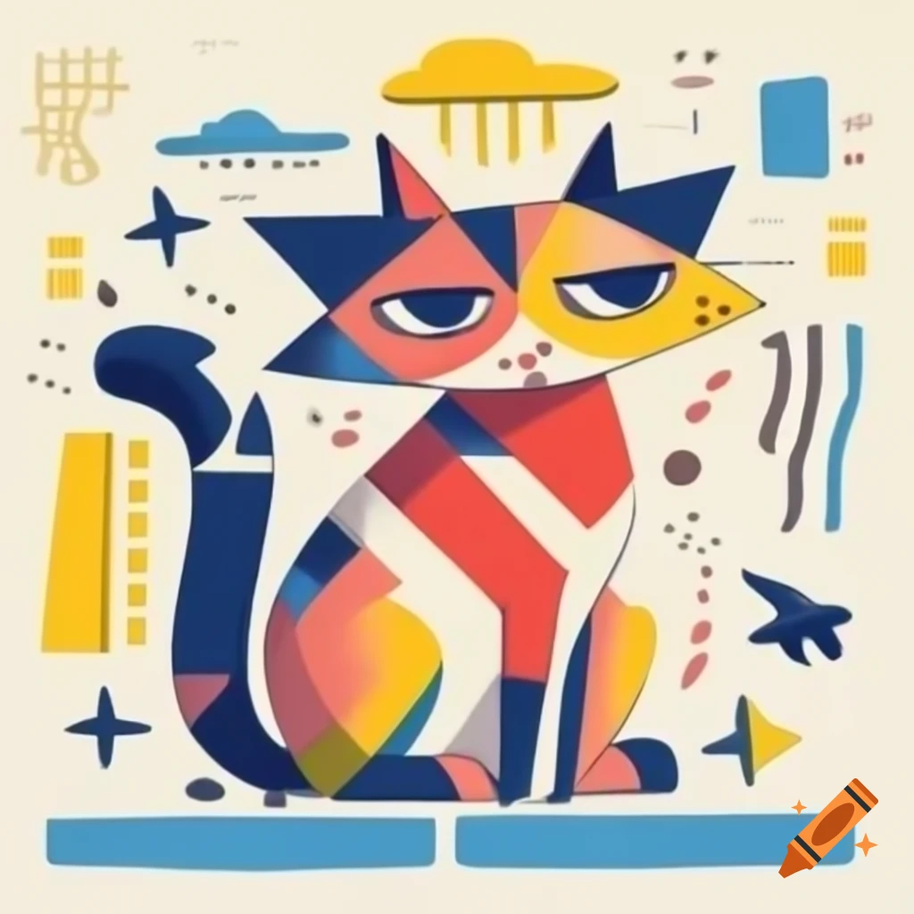 Abstract cartoon cat in cubist style radiating joy with geometric ...