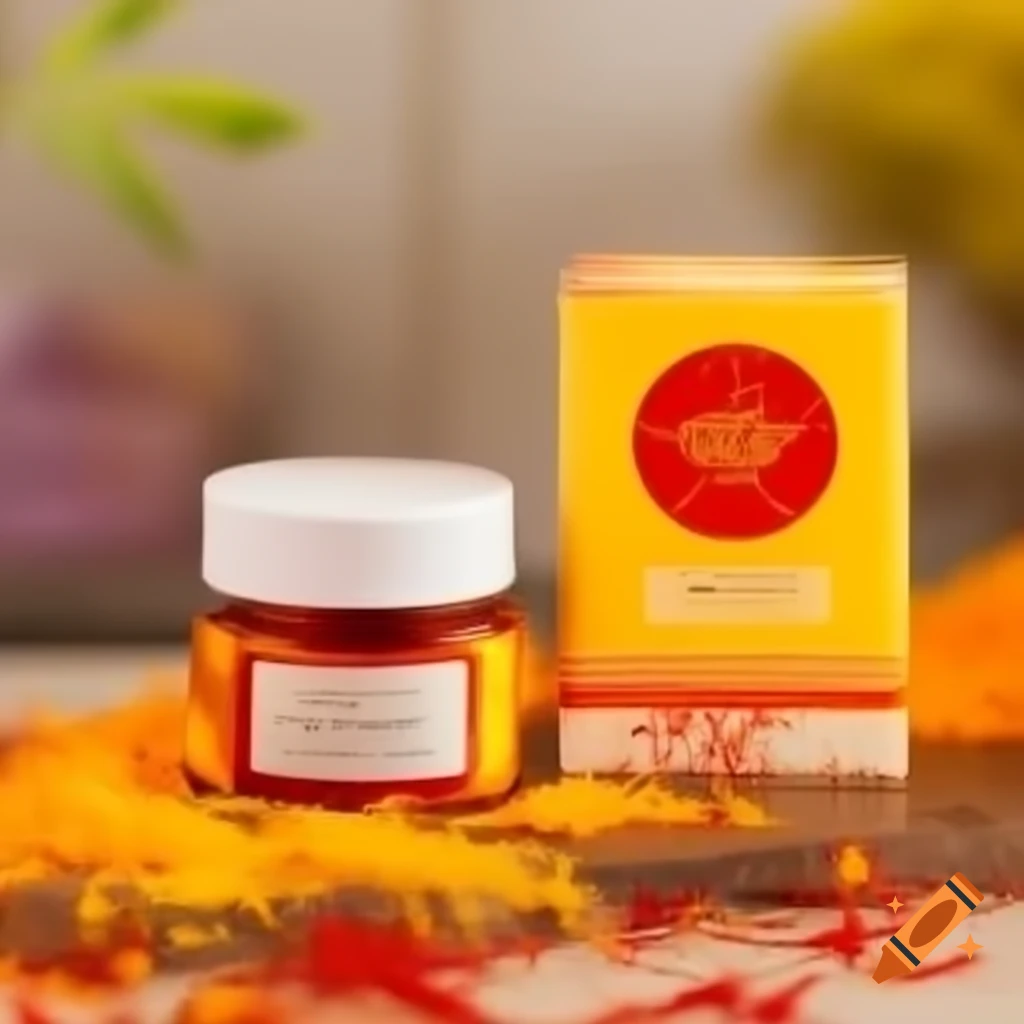 Saffron package displayed on a surface on Craiyon
