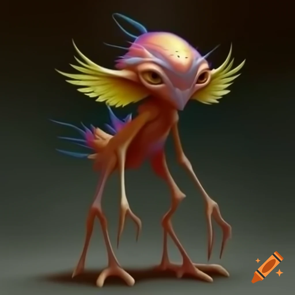 Colorful bird-like alien with four legs and large wings on Craiyon