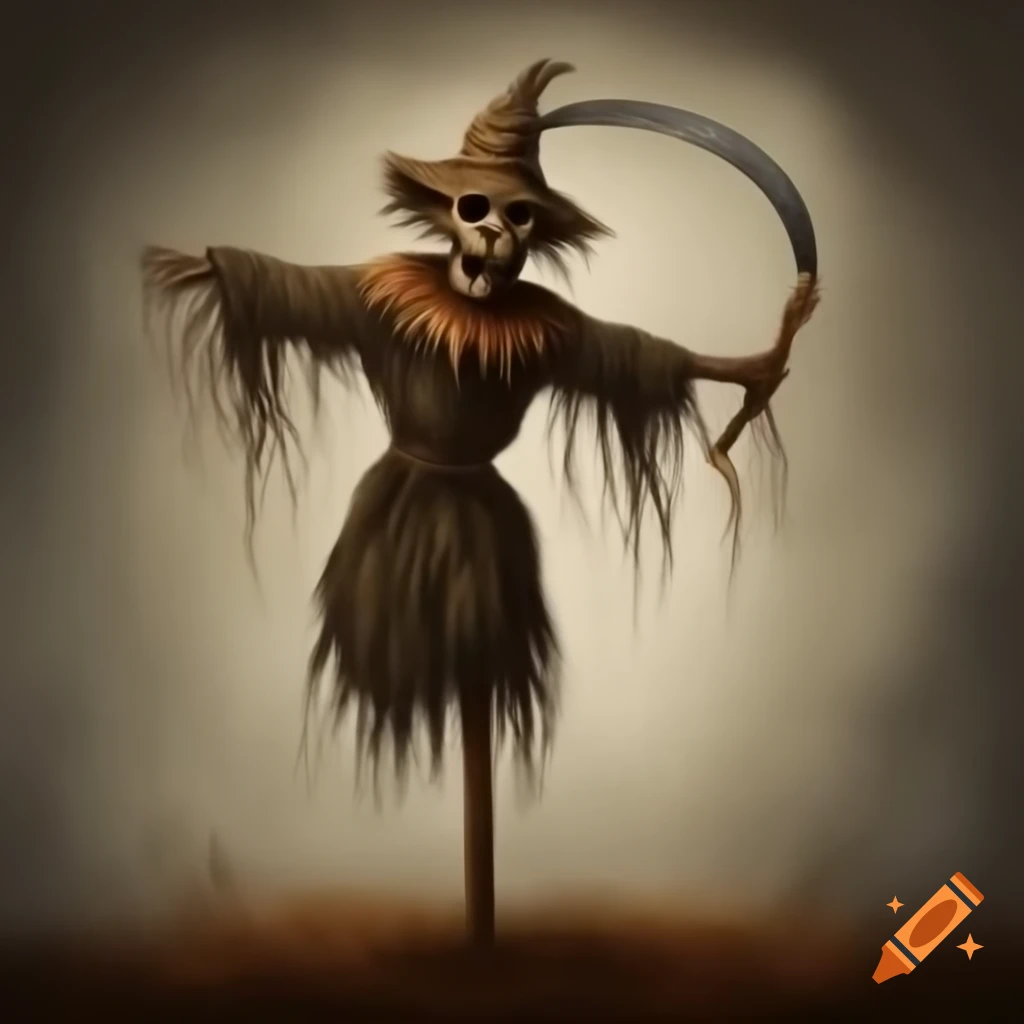 Scary scarecrow on stick holding sickle and whip on Craiyon