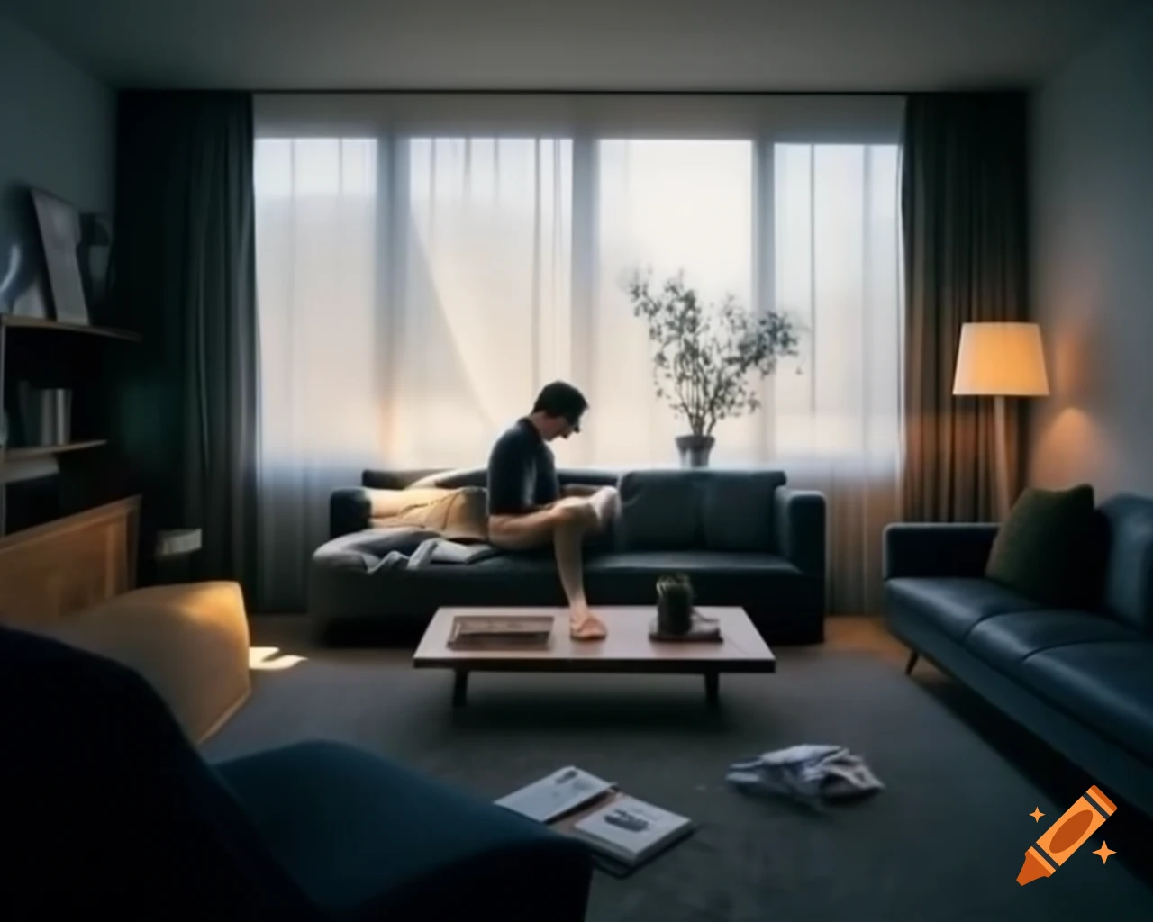 Cozy modern living room with a person reading on a plush sofa in dim ...