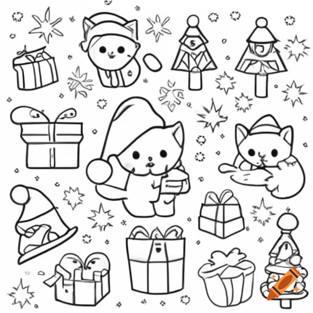 Christmas-themed coloring page with playful kittens in santa hats and ...