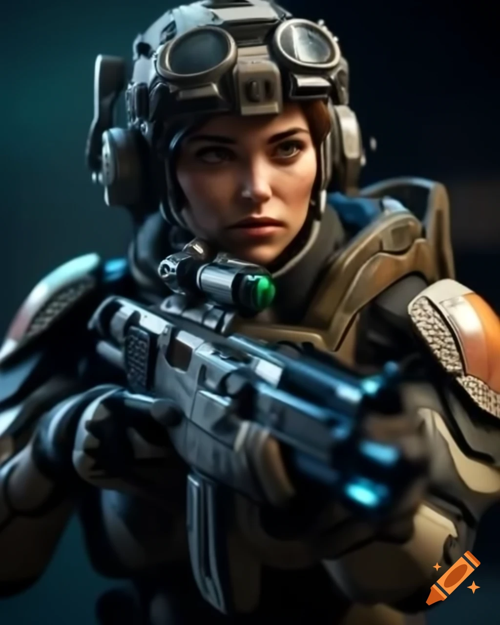 Female sci-fi military officer in tactical armor aiming laser rifle on Craiyon