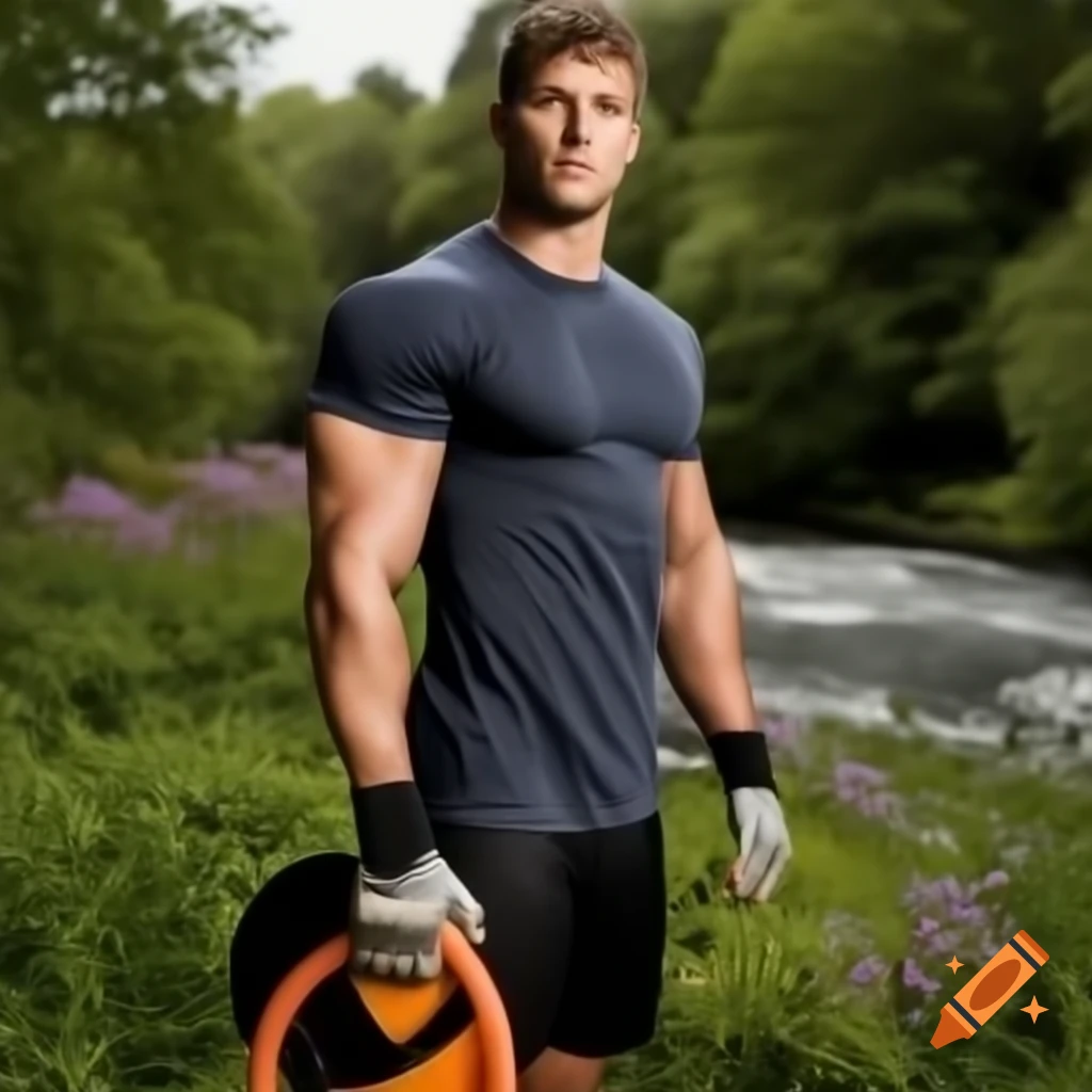 Bodybuilder in Gymshark attire working out in a green environment with ...