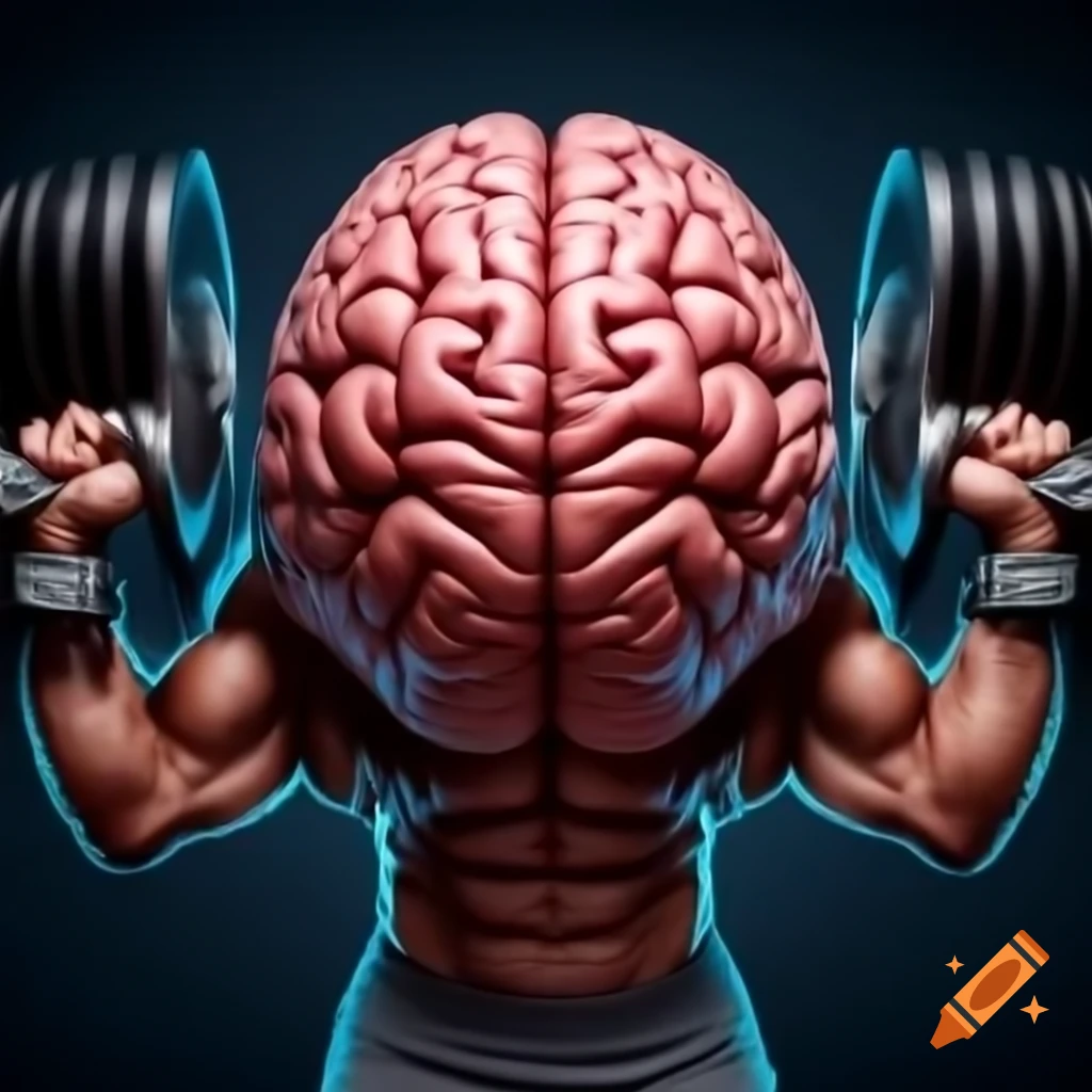 Brain with muscular arms lifting weights, symbolizing strength and ...