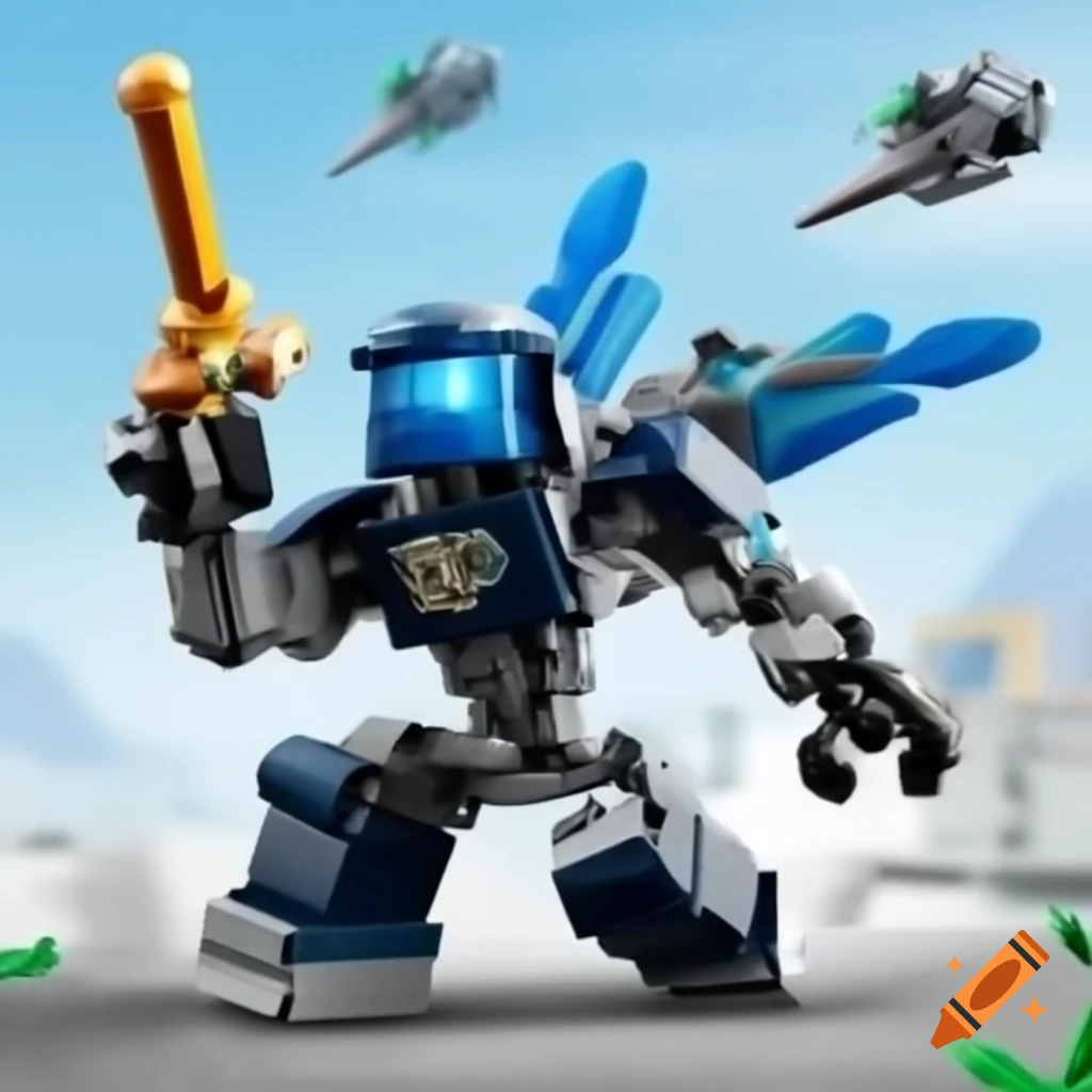 Remote-controlled lego police robot flying with a sword on Craiyon