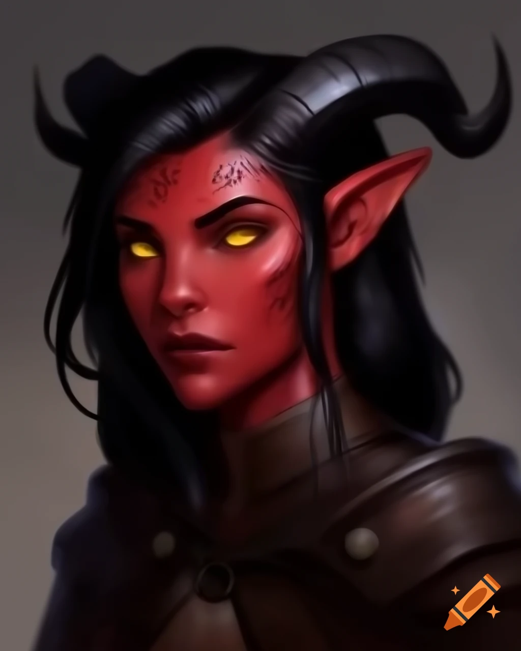 Female tiefling character portrait with red skin, black horns, and ...