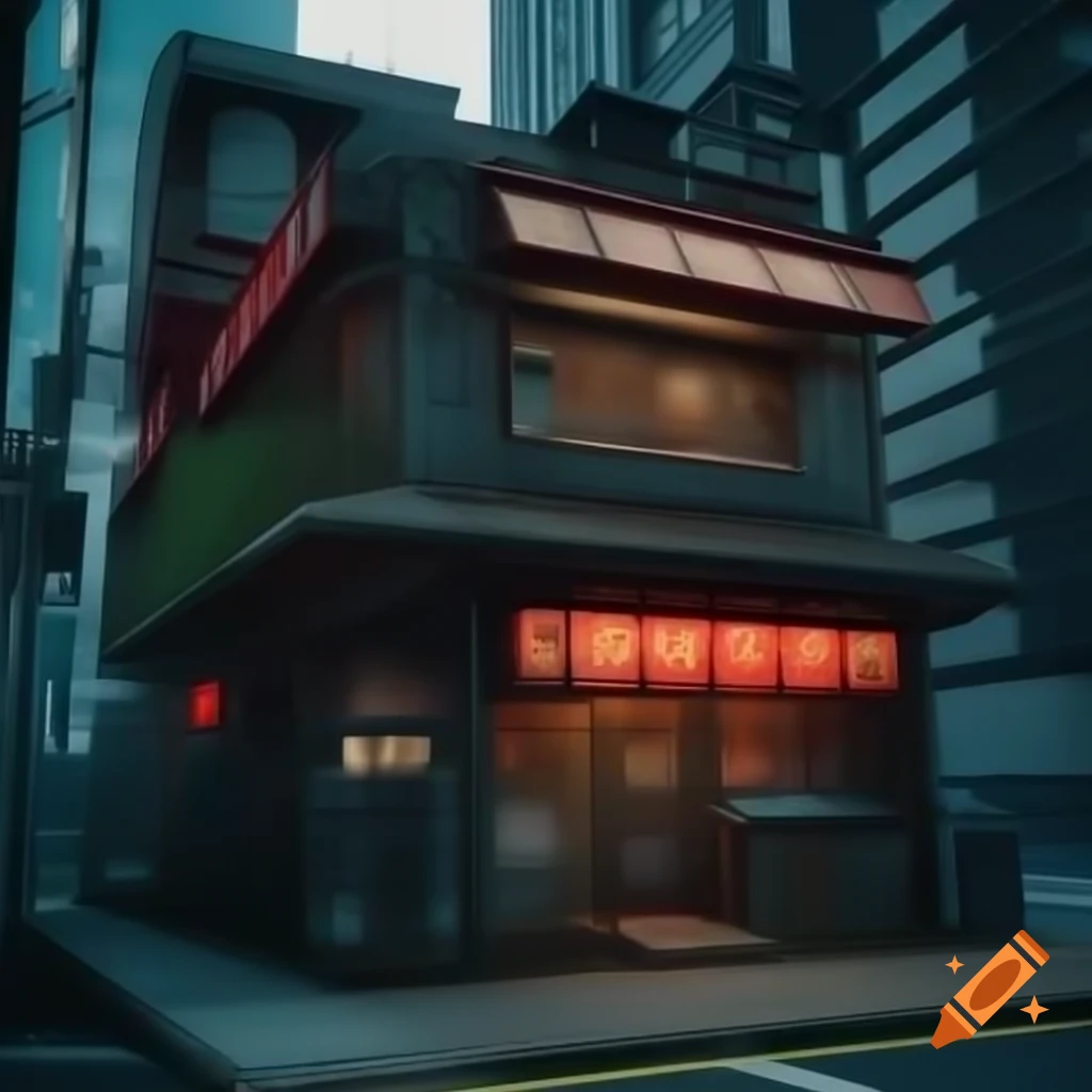 Urban cyberpunk japanese pizza restaurant exterior designed in blender ...