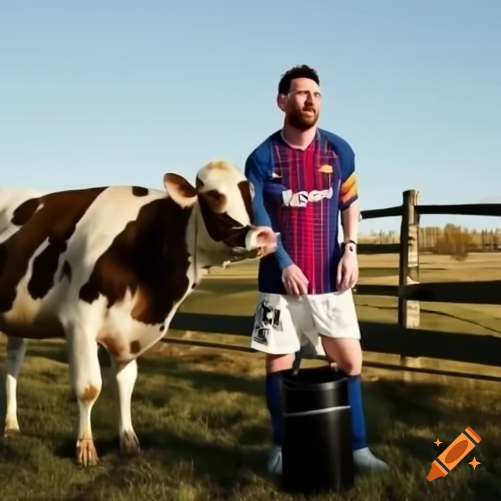 Lionel messi in barcelona uniform milking a cow on a sunny farm on Craiyon