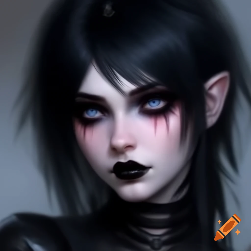 Headshot of a goth woman with striking makeup and dark attire on Craiyon