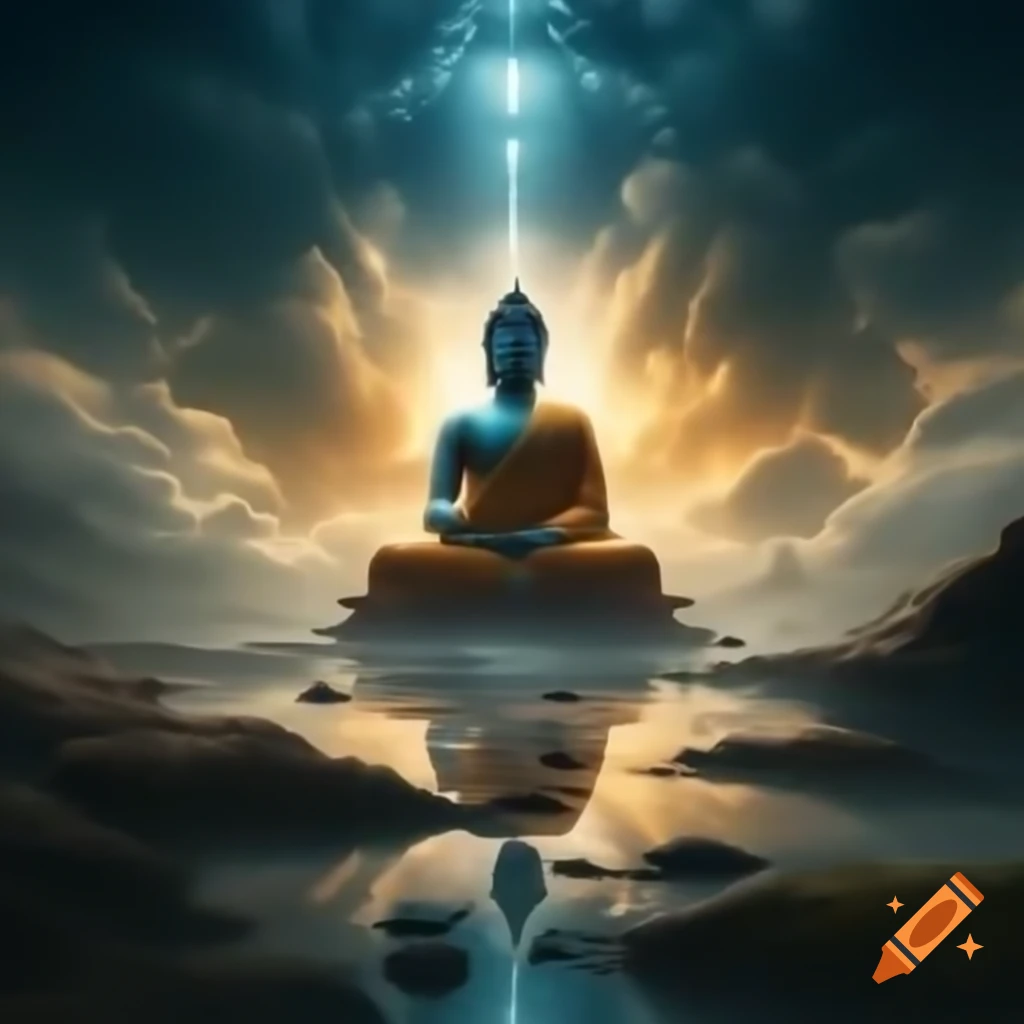 Buddha floating from heavens, bringing peace and wisdom with golden ...