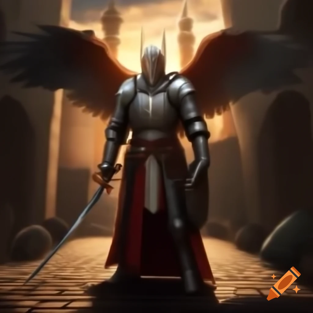 Knight Templar in gleaming armor standing in ancient fortress courtyard ...