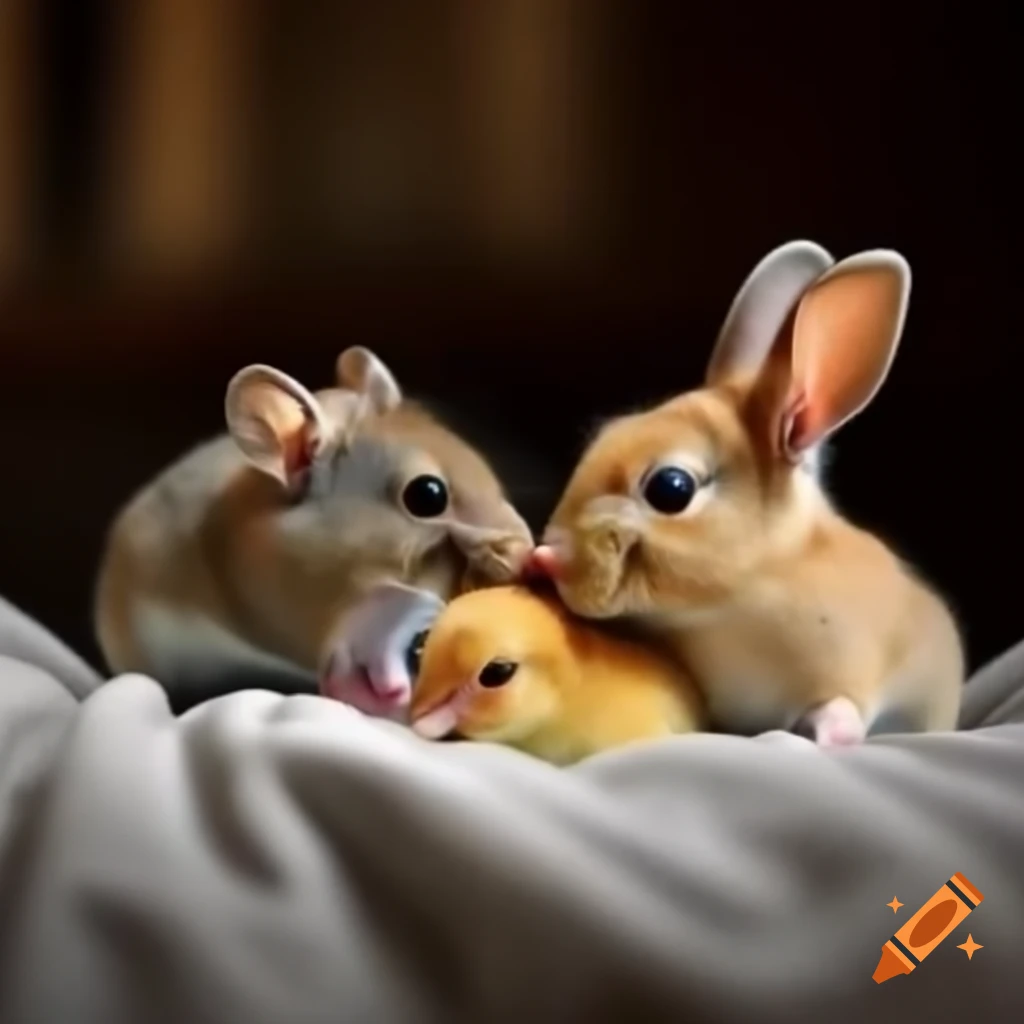 Mouse, chick, and rabbit together in a cozy bed on Craiyon