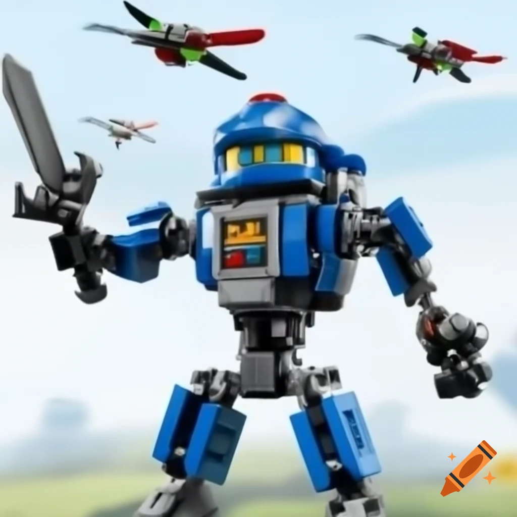 Remote-controlled lego police robot flying with a sword on Craiyon